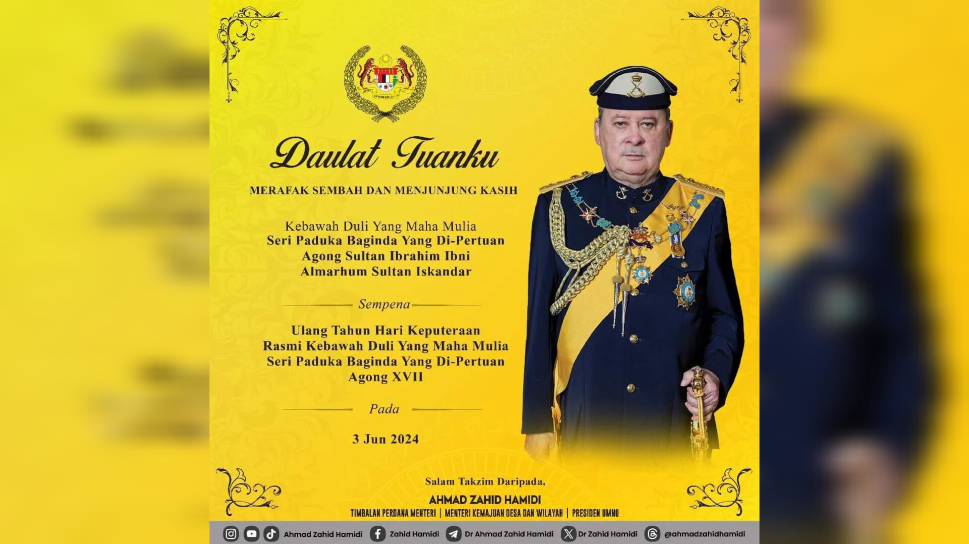 Keputeraan Agong: Ahmad Zahid Rafak Sembah, Zahir Ucapan Tahniah