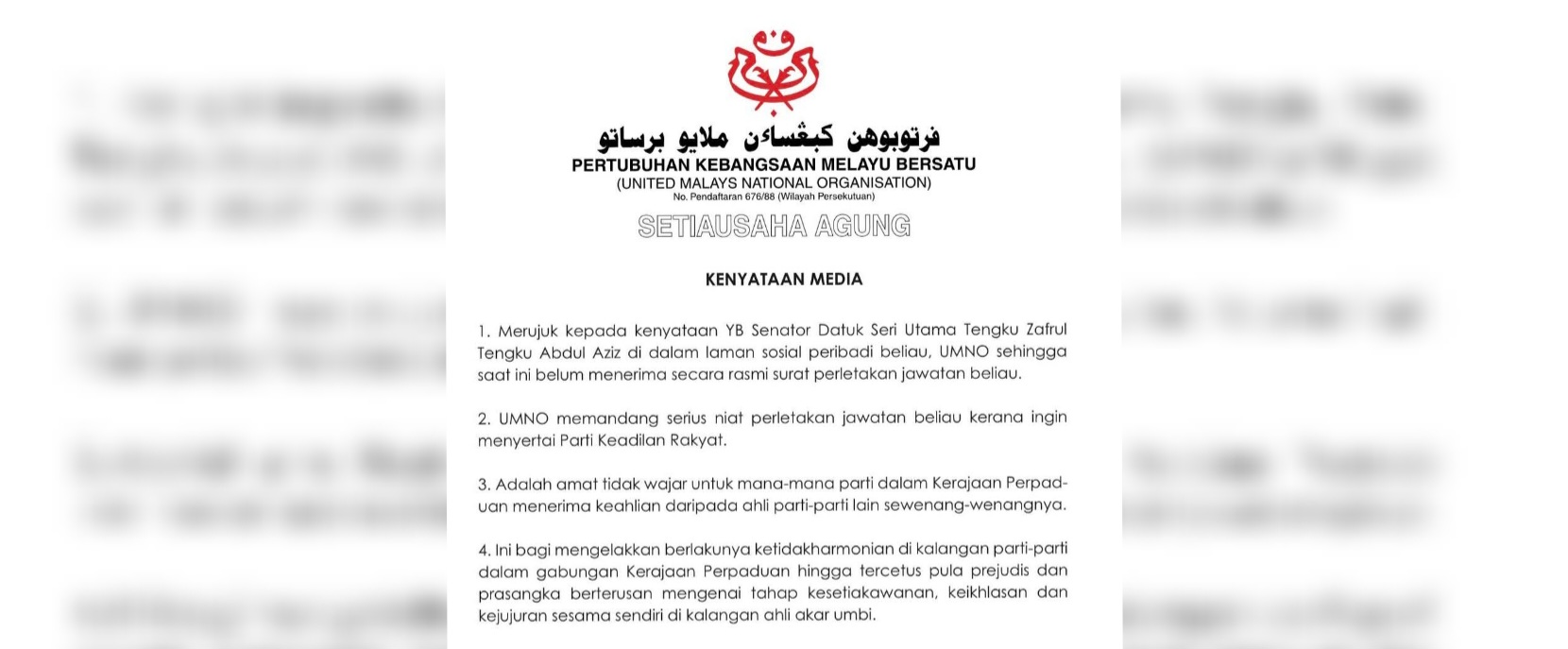 UMNO Belum Terima Surat Rasmi Perletakan Jawatan Tengku Zafrul – SUA